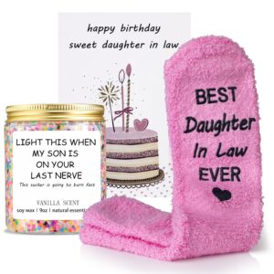 daughter in law gift baskets - daughter in law gifts from mother in law - daughter in law birthday gifts - mothers day gifts for daughter in law, daughter in law birthday candle, card, sock