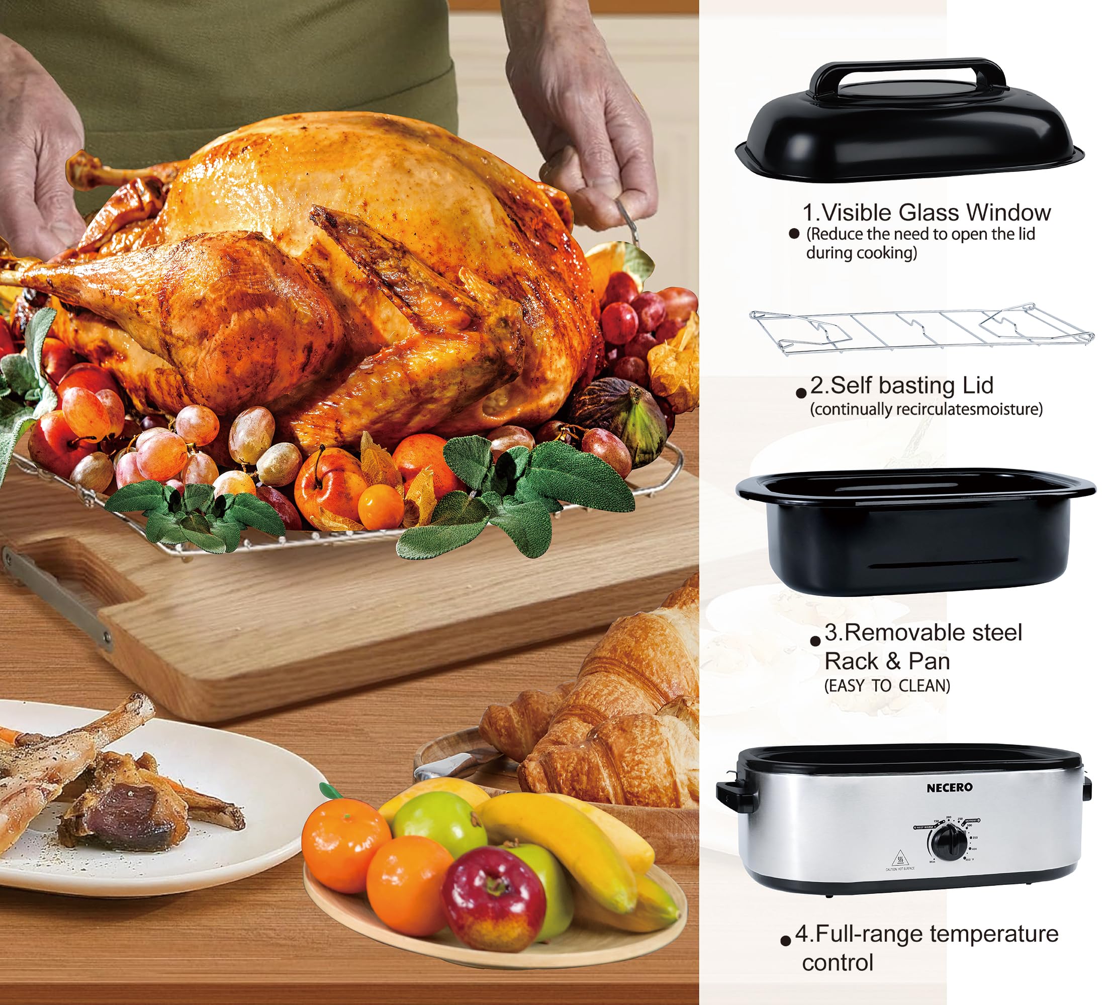 NECERO Roaster Oven 28 Quart Electric, Electric Roaster Pan with Visible&Self-Basting Lid, Large Stainless Steel Electric Turkey Roaster Oven Defrost Warm Function, Removable Pan Rack, Up To 24LB