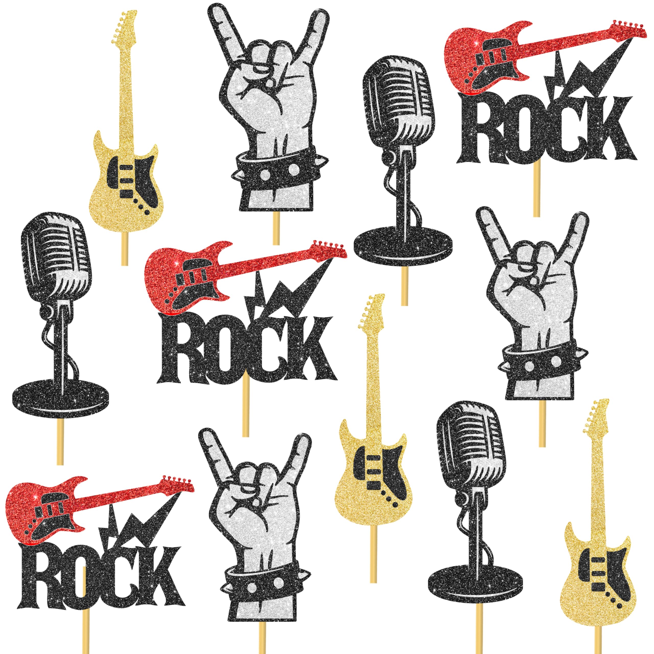 12pcs Rock and Roll Centerpiece Sticks Glitter Rock Music Party Centerpieces for Table Rock and Roll Party Table Toppers for Born to Rock Party Rockstars Birthday Party Baby Shower Supplies