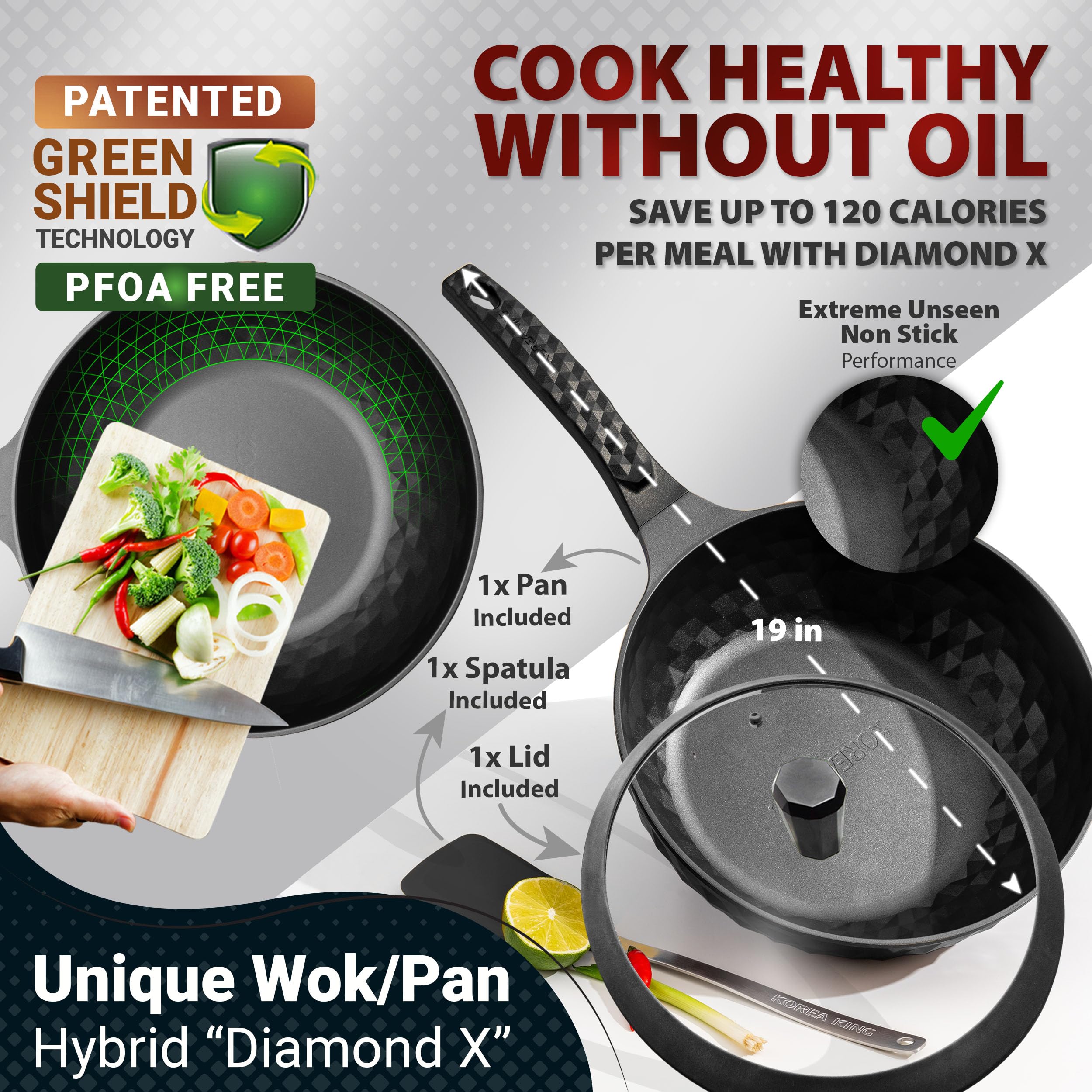 Diamond X Supreme Non Stick 11" Premium Frying Wok Pan Hybrid with Lid and Spatula, Oil-Free, PFOA-Free Cooking with Titanium-Coated 8-Layered Made In Korea Engineered Stir Fry Skillet, Rapid Heating