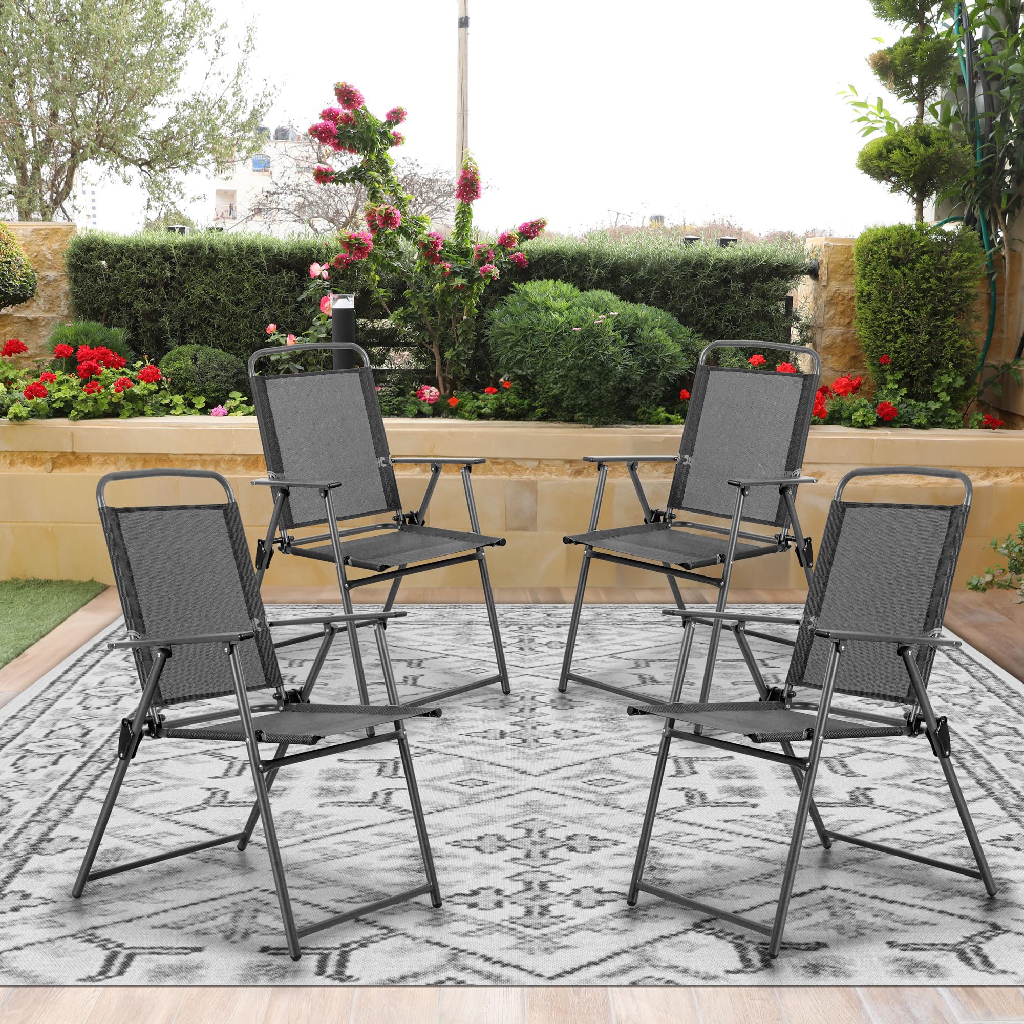 Vongrasig Folding Patio Dining Chairs Set of 4, Small Metal Outdoor Sling Chairs, Patio Furniture Set 4 Folding Chairs for Lawn, Garden, Deck, Backyard, Black