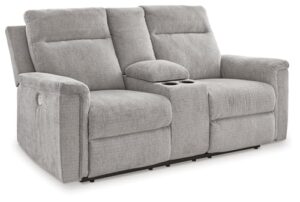 signature design by ashley barnsana minimalist power reclining loveseat with console and usb charging ports, light gray