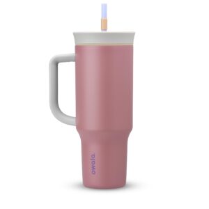 owala stainless steel triple layer insulated travel tumbler with spill resistant lid, straw, and carry handle, bpa free, 40 oz, dusty pink (yoga rose)