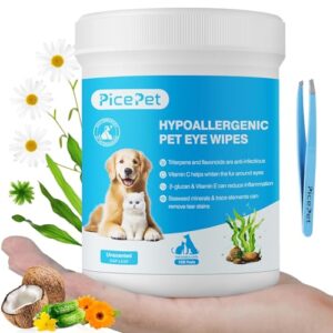 pice pet hypoallergenic eye wipes for dog & cats, plant-based tear stain remover for discharge, crust, allergies, itching, unscented,100 count