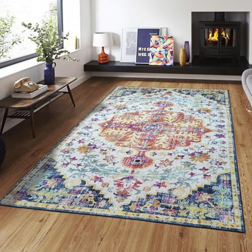 METSAVAIM 5x7 Area Rug - Bohemian Area Rug for Bedroom | Non Slip and Ultra Soft Machine Washable Rug for Indoor & Outdoor Use | Boho Rug for Living Room, Dining Room and Home Décor - Blue and Multi