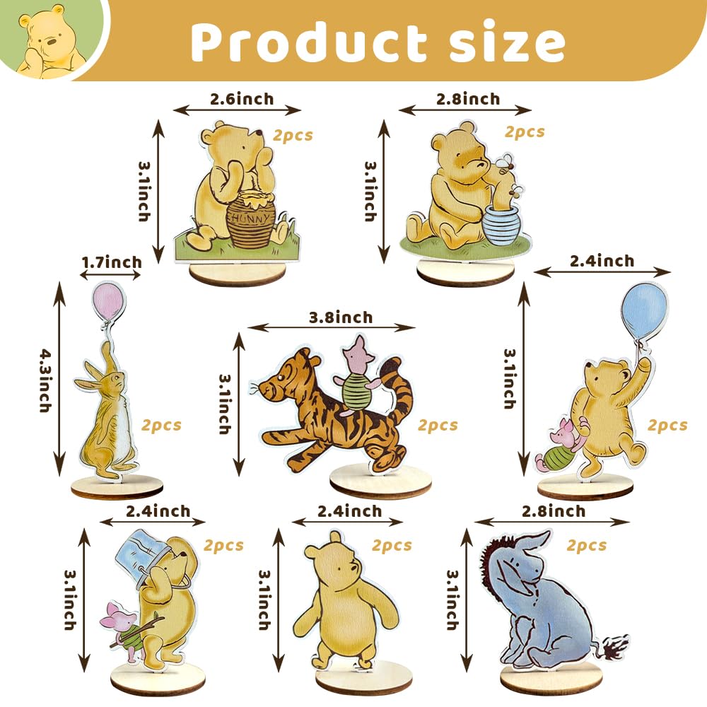 16 Pcs Classic Winnie Wood Table Centerpieces Bear Cutout Shapes Creatures Table Topper for Baby Shower Birthday Decorations Supplies