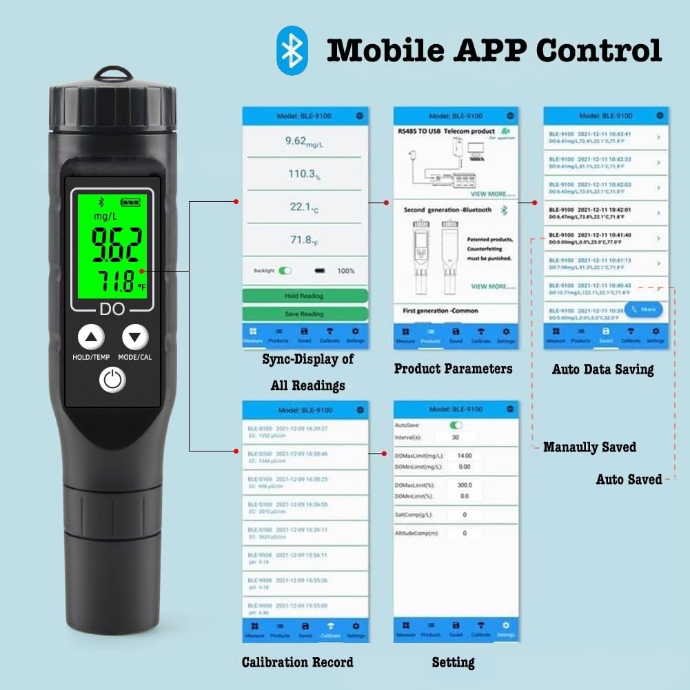 Generic Dissolved Oxygen Meter, Dissolved Oxygen Test Kit with Pen Shaped Polarographic Probe, Portable DO Tester for Aquarium Aquaculture Water Test, Bluetooth App Control, DO Range 0.0‑30.0mg/L