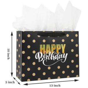 CAMKUZON Black Birthday Gift Bag with Card and Tissue Paper - Gold Foil Happy Birthday & Polka Dot Design - Large Gift Bags for Birthday Party, 13" X 10" X 5"