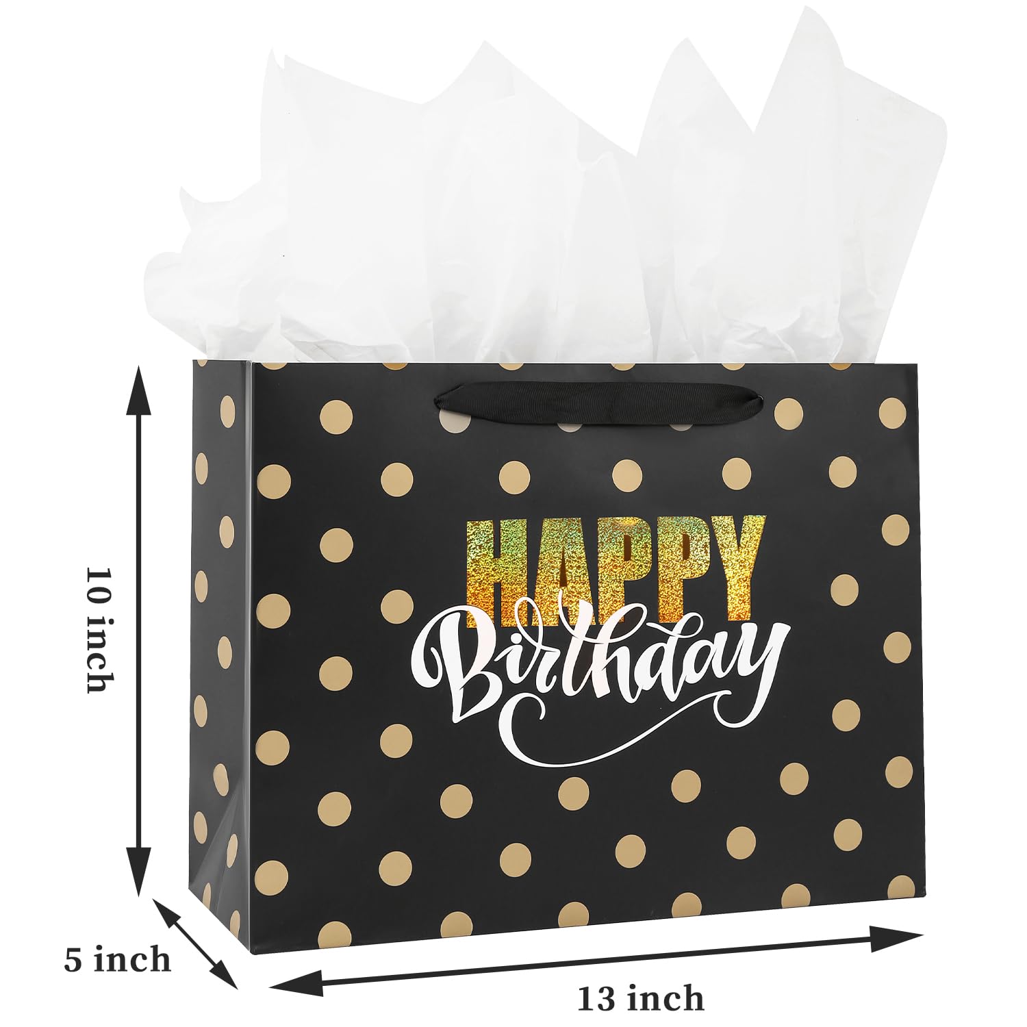 CAMKUZON Black Birthday Gift Bag with Card and Tissue Paper - Gold Foil Happy Birthday & Polka Dot Design - Large Gift Bags for Birthday Party, 13" X 10" X 5"