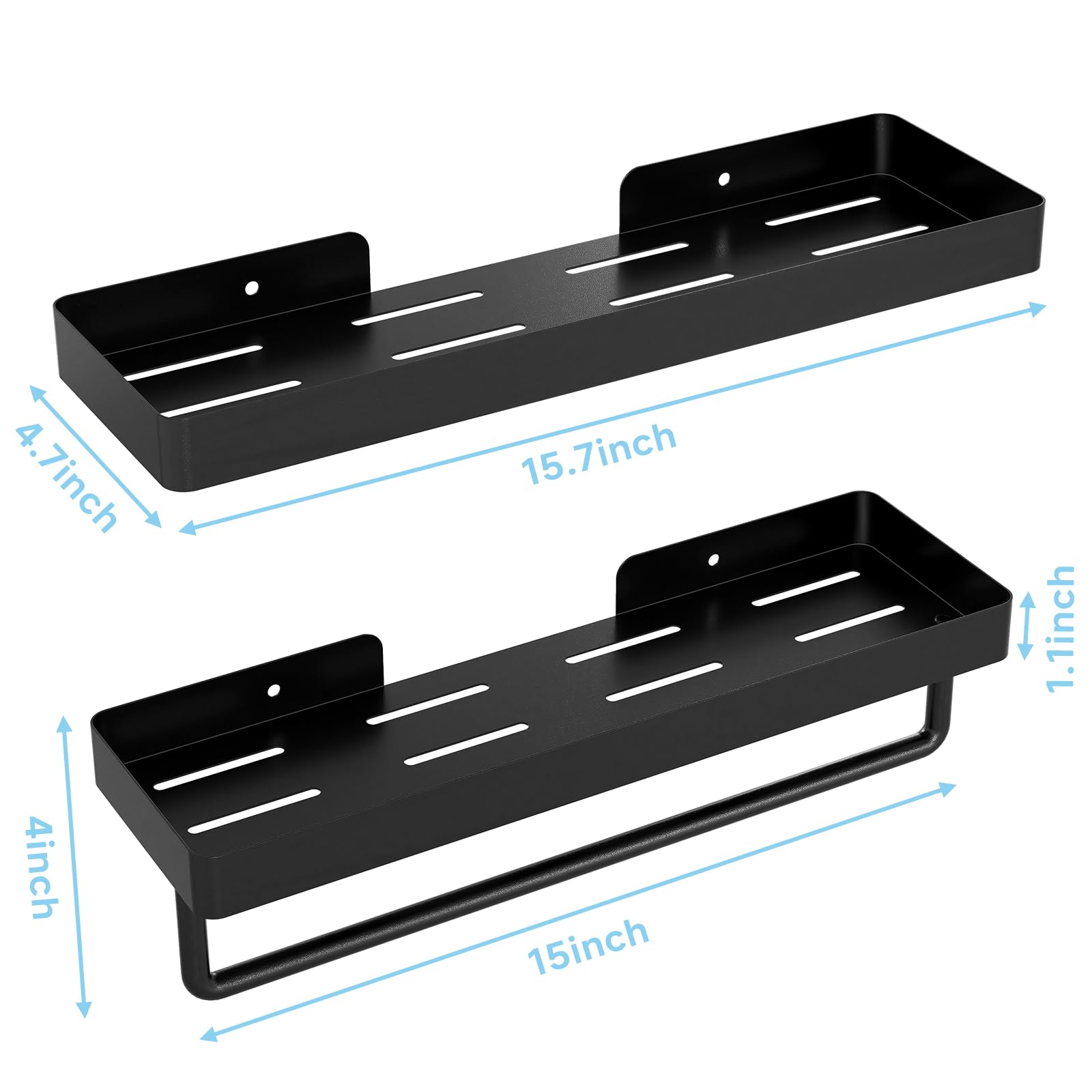 Taaji Bathroom Shelf, Floating Shelves Wall Mounted Set of 2, Stainless Steel 15.7 Inch Bathroom Shelves with Bar, Black