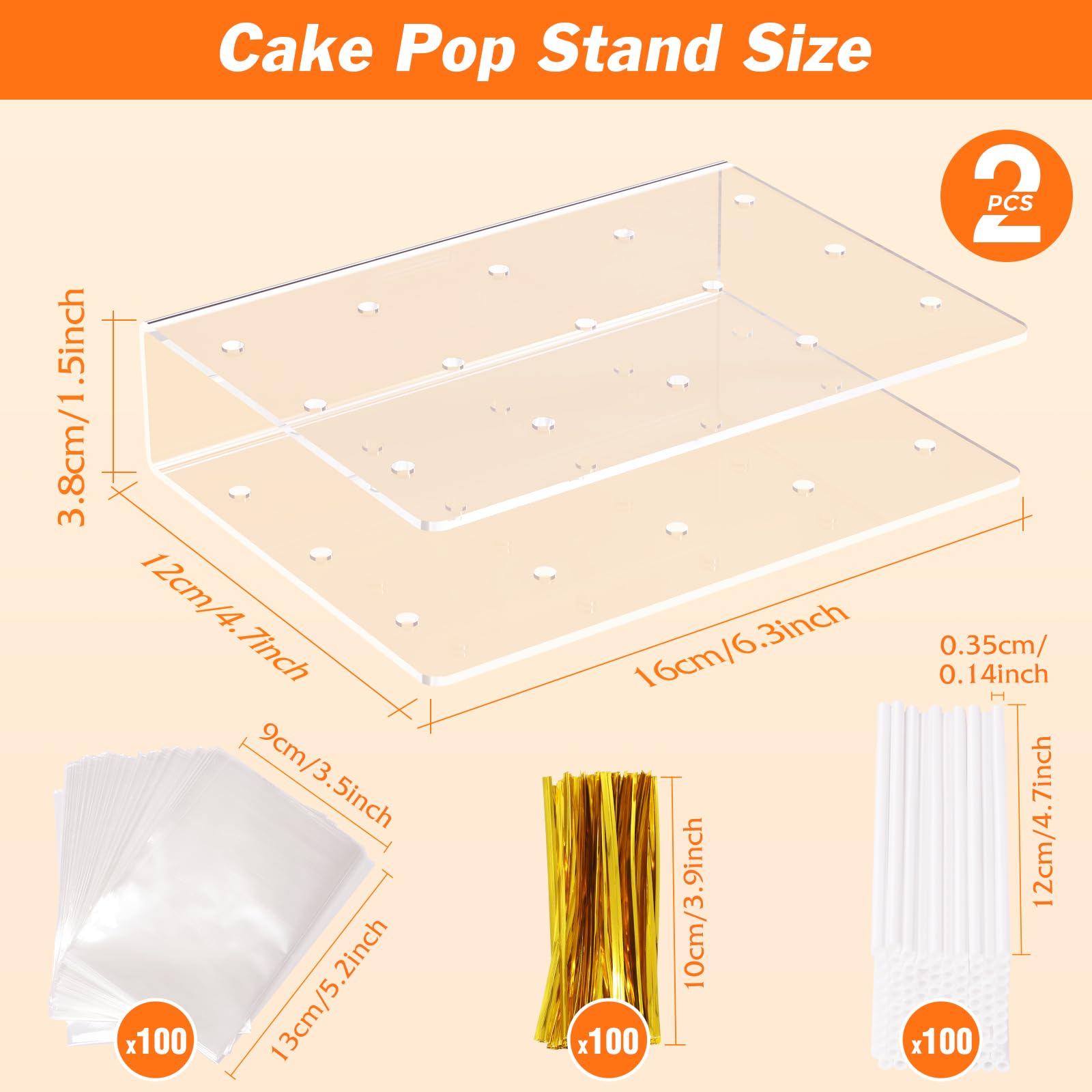 2 Pack Cake Pop Stand with Sticks Kit, Acrylic Lollipop Hold Stand, Clear Cake Pop Display Holder, 15 Holes Candy Pop Holder with 100 Pcs Sticks, 100 Pcs Clear Wrappers, 100 Pcs Gold Twist Ties