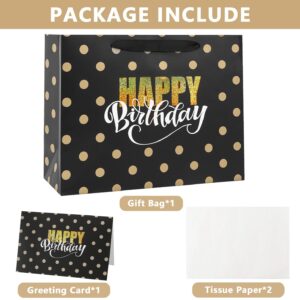 CAMKUZON Black Birthday Gift Bag with Card and Tissue Paper - Gold Foil Happy Birthday & Polka Dot Design - Large Gift Bags for Birthday Party, 13" X 10" X 5"