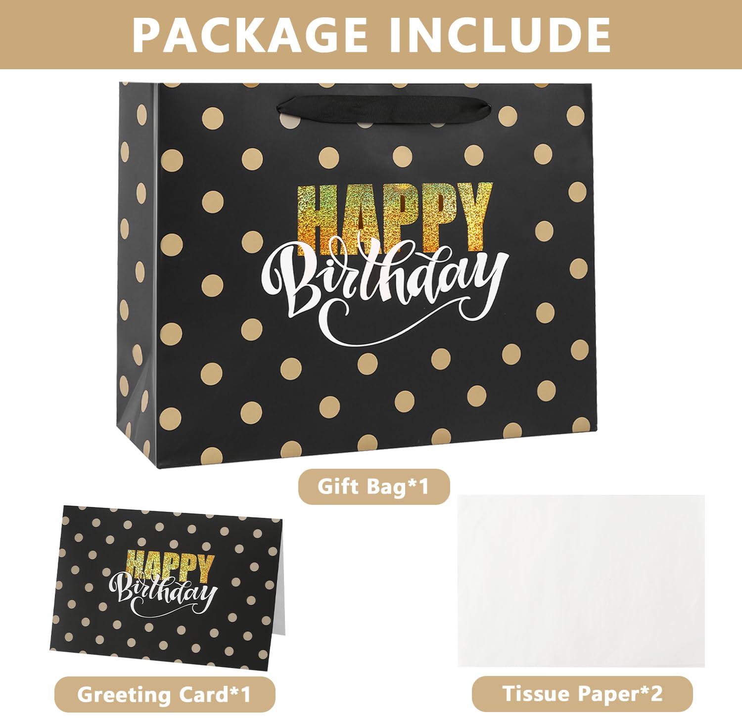 CAMKUZON Black Birthday Gift Bag with Card and Tissue Paper - Gold Foil Happy Birthday & Polka Dot Design - Large Gift Bags for Birthday Party, 13" X 10" X 5"