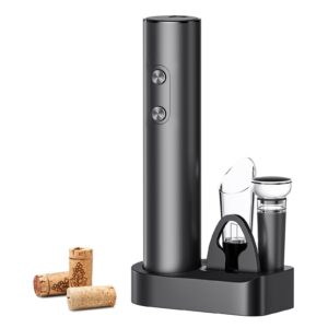 [5-in-1] electric wine opener, battery operated wine bottle opener with foil cutter, wine aerator, vacuum stopper&storage base, automatic corkscrew, ideal wine accessories for wine lovers, matt black