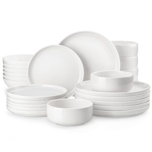 malacasa plates and bowls sets, 24 pieces modern porcelain dinnerware set for 6 ceramic dishware dishes white kitchen dinner dining ware set microwave and dishwasher safe, series luna