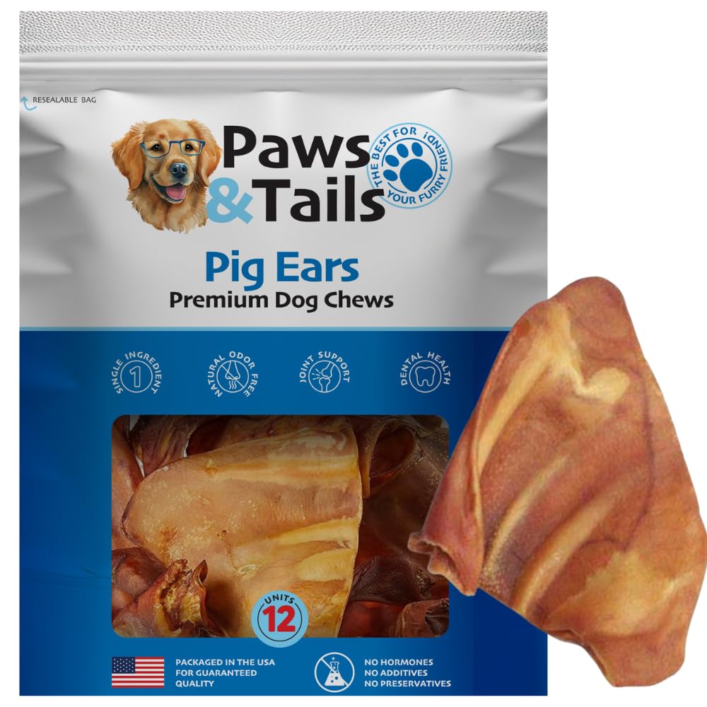 PAWS&TAILS Premium All-Natural Pig Ears for Dogs - Joint Health Support, Thick-Cut - High-Protein, Low-Fat Treats for Dental Hygiene - No Additives or Preservatives. (12, Natural Whole Pig Ears)