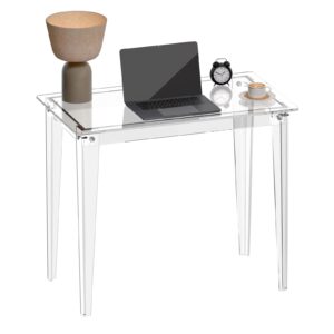 hmyhum small acrylic computer desk, 35.4 inch, clear study desk for home office, writing, vanity, modern, easy assembly, 19.7" w x 29.5" h, right-angle legs design