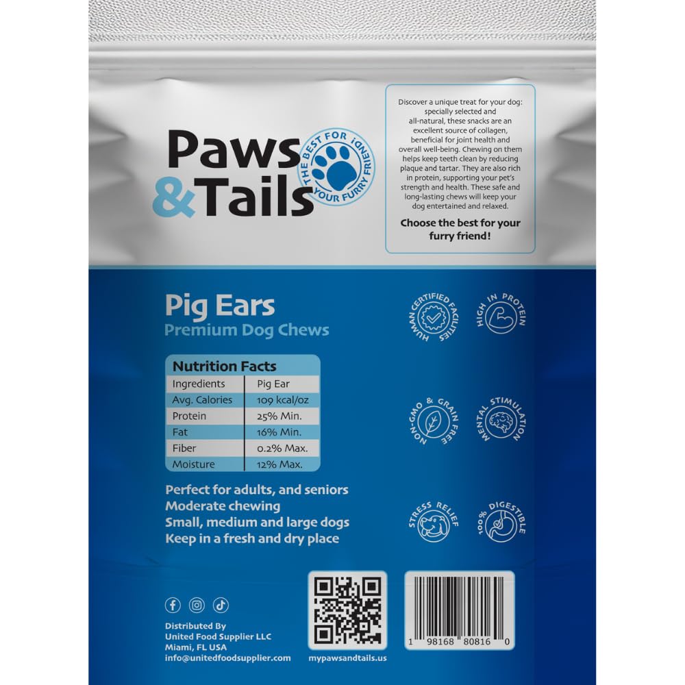 PAWS&TAILS Premium All-Natural Pig Ears for Dogs - Joint Health Support, Thick-Cut - High-Protein, Low-Fat Treats for Dental Hygiene - No Additives or Preservatives. (12, Natural Whole Pig Ears)