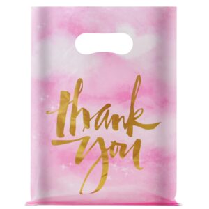 chirpbirds thank you plastic gift bags for business small, 9" x 12" pink shopping bags with handles, reusable merchandise retail goodie bags for stores clothes party favor, 50 pack