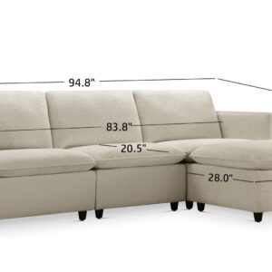 CHERS Sectional Couches for Living Room, 95" Cloud Modular Sectional Sofa with Ottoman, Modern Fabric Upholstered L Shaped Couch with Convertible Chaise, 3 Seater, Natural