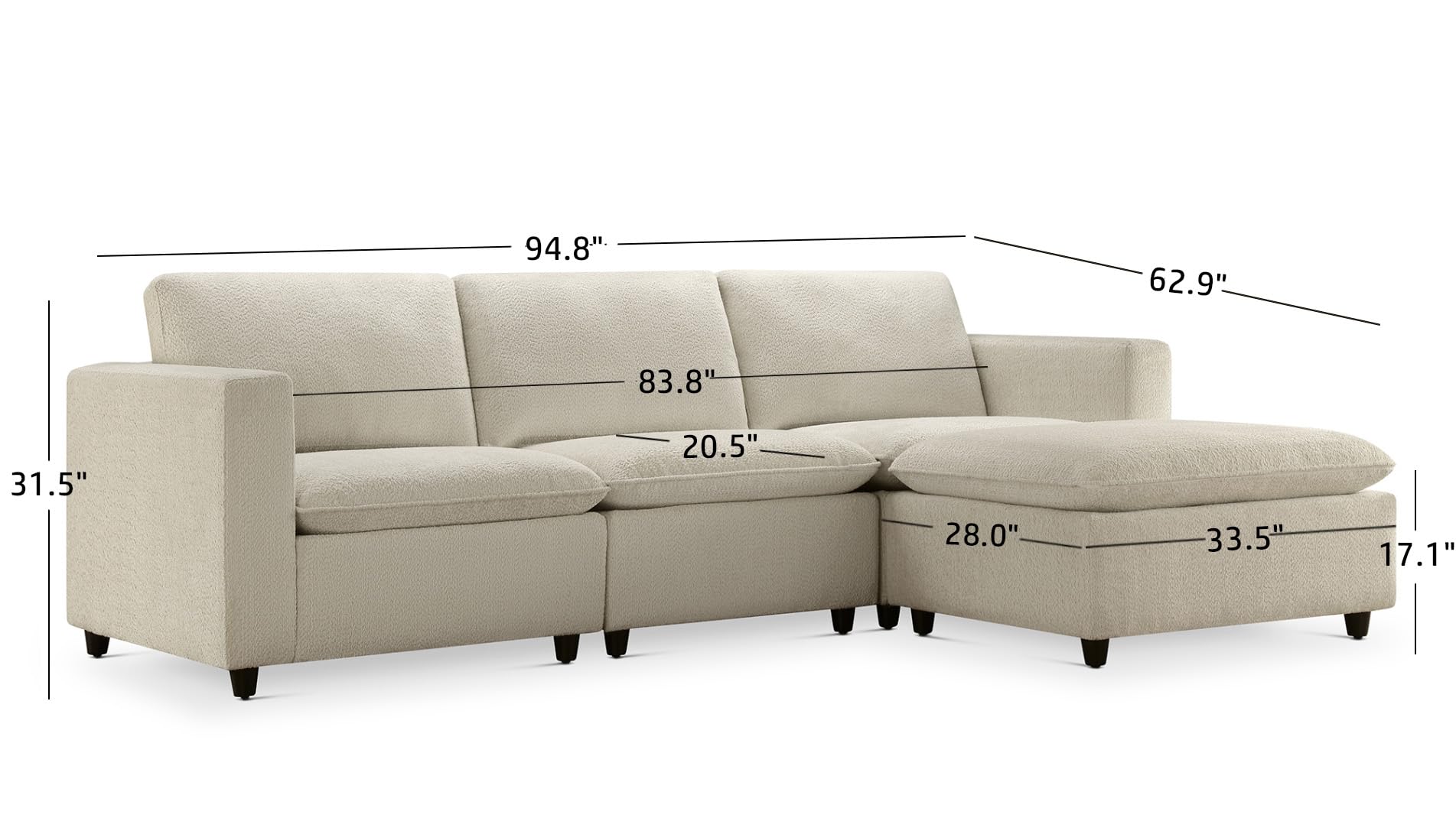 CHERS Sectional Couches for Living Room, 95" Cloud Modular Sectional Sofa with Ottoman, Modern Fabric Upholstered L Shaped Couch with Convertible Chaise, 3 Seater, Natural