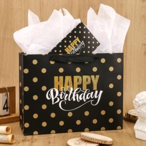 CAMKUZON Black Birthday Gift Bag with Card and Tissue Paper - Gold Foil Happy Birthday & Polka Dot Design - Large Gift Bags for Birthday Party, 13" X 10" X 5"