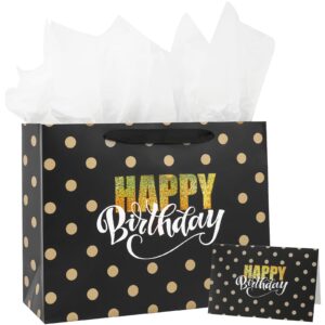 camkuzon black birthday gift bag with card and tissue paper - gold foil happy birthday & polka dot design - large gift bags for birthday party, 13" x 10" x 5"