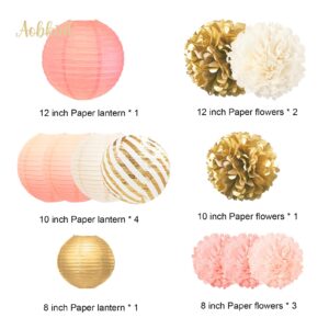 AOBKIAT Birthday Party Decorations Set for Girls Women,12PCS Pink Gold Tissue Paper Pom Poms Lanterns Flowers,for Engagement,Wedding,Baby Shower,Bridal Shower,Princess Party