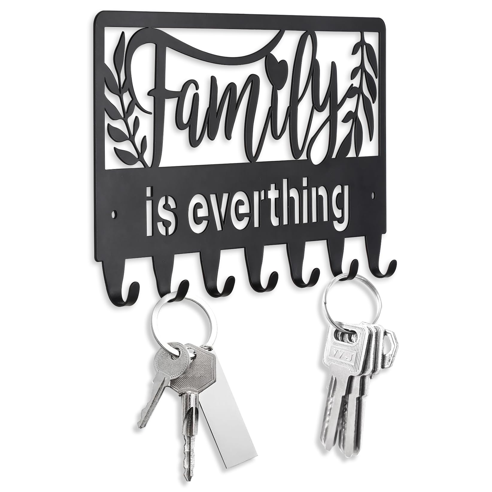 BITALYE Family Key Holder for Wall,Black Metal Decorative Key Hooks on Wall,Key Organizer Rack for Hallway,Entryway,Front Door,Office(Family is Everthing 11 x 5.8 x 0.63inch)