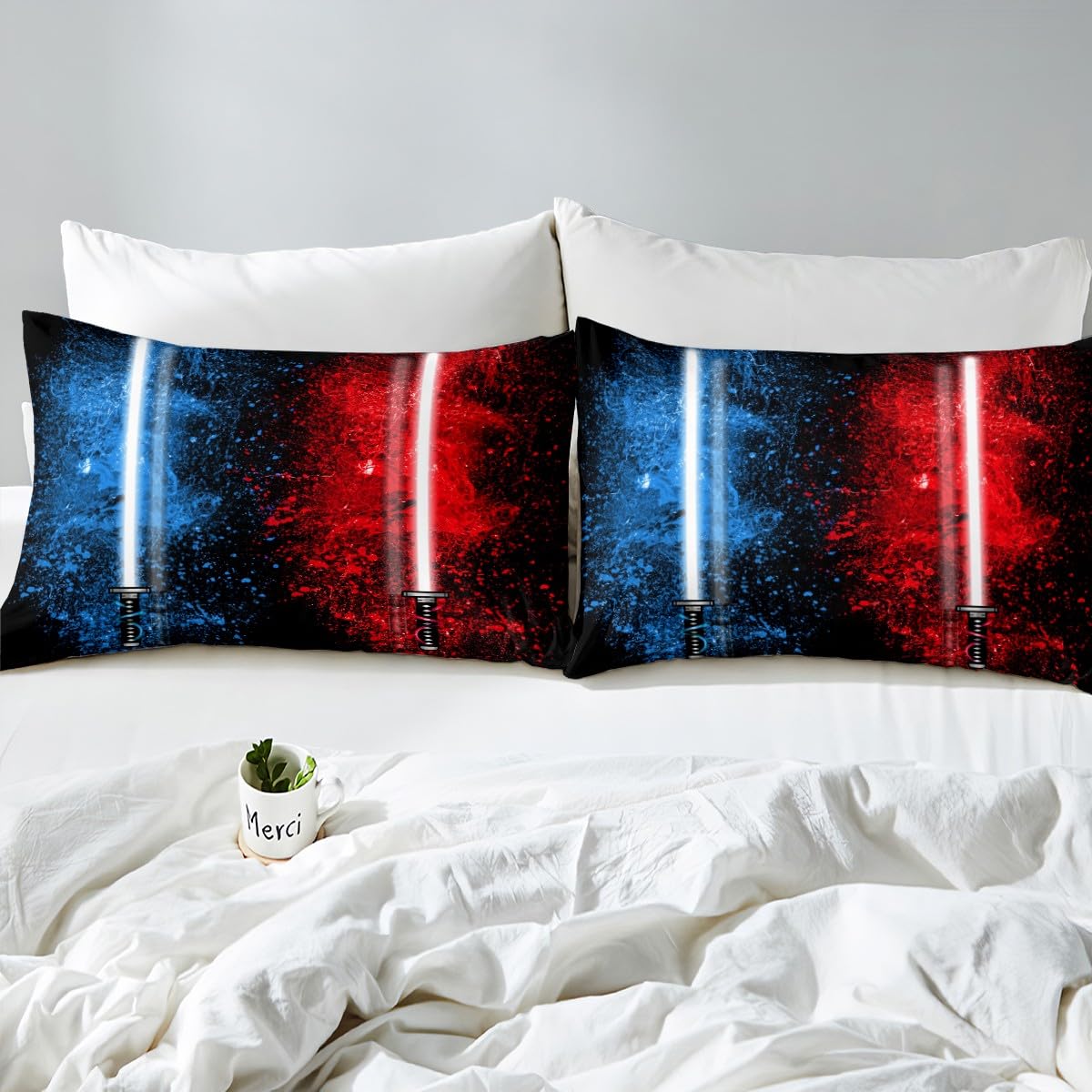 Feelyou Lightsaber King Size Duvet Cover Set for Kids Boys Teens Red Blue Teens Bedding Set Decor Tie Dye Comforter Cover Set Decoration