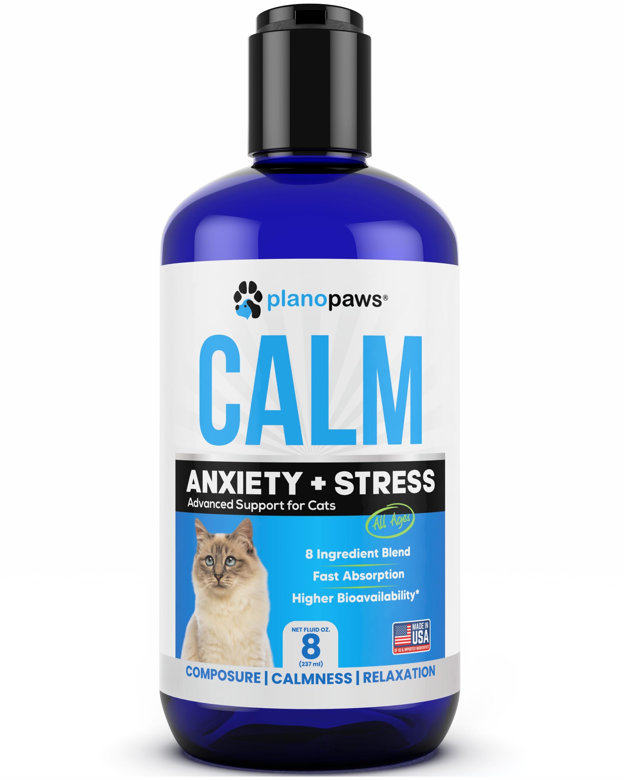 Cat Anxiety Relief 90 Day Supply - Faster Absorption Than Cat Calming Treats - Cat Calming Products for All Ages - Liquid Calming Cat Treats for Sleep Aid - 8 Ingredient Blend + Cat Melatonin