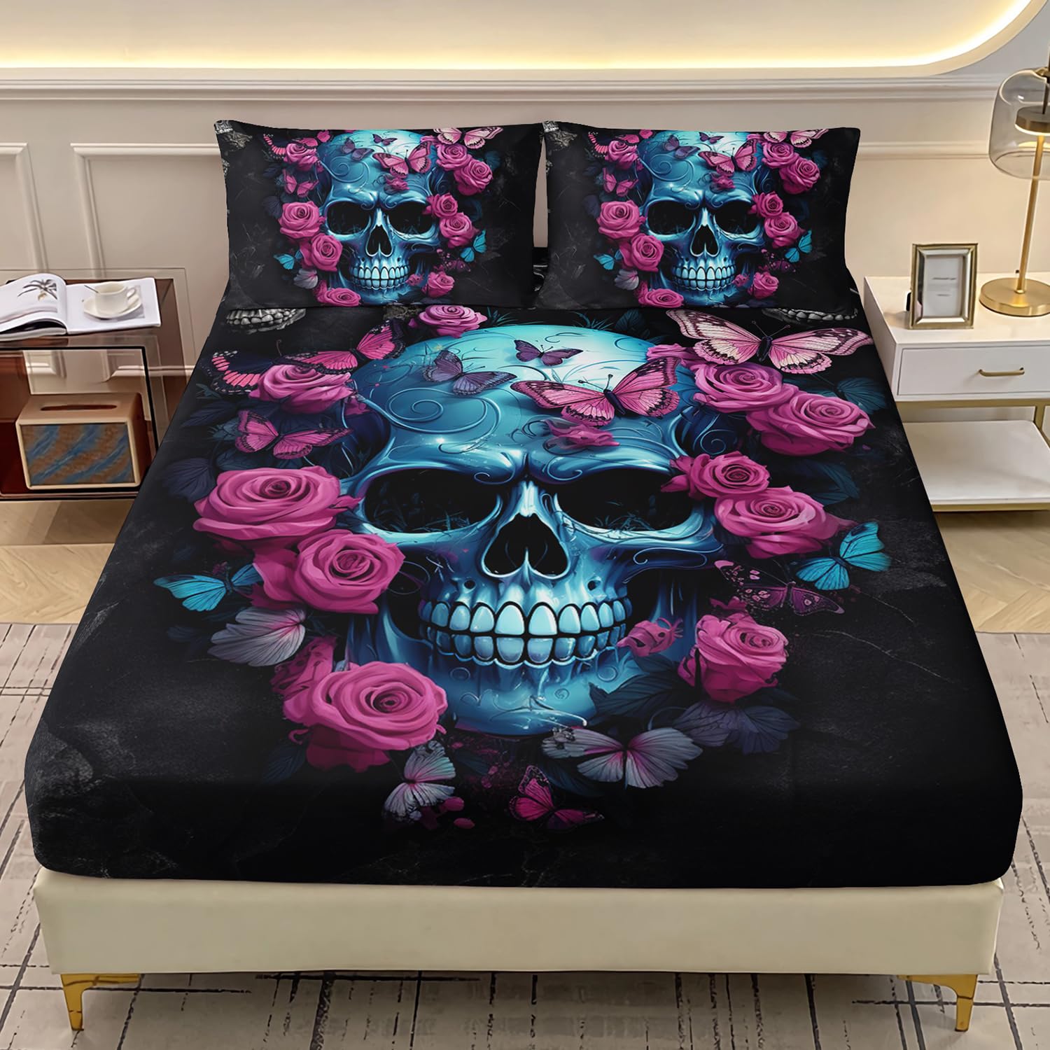 AILONEN 3D Skull Fitted Sheet Set Twin XL Size, Oil Ren Rose with Skeleton Design Bed Sheet Set for Boys Girls Teens,Gothic Skull with Butterfly Bedding Set,1 Fitted Sheet and 2 Pillow Case,3 Pieces