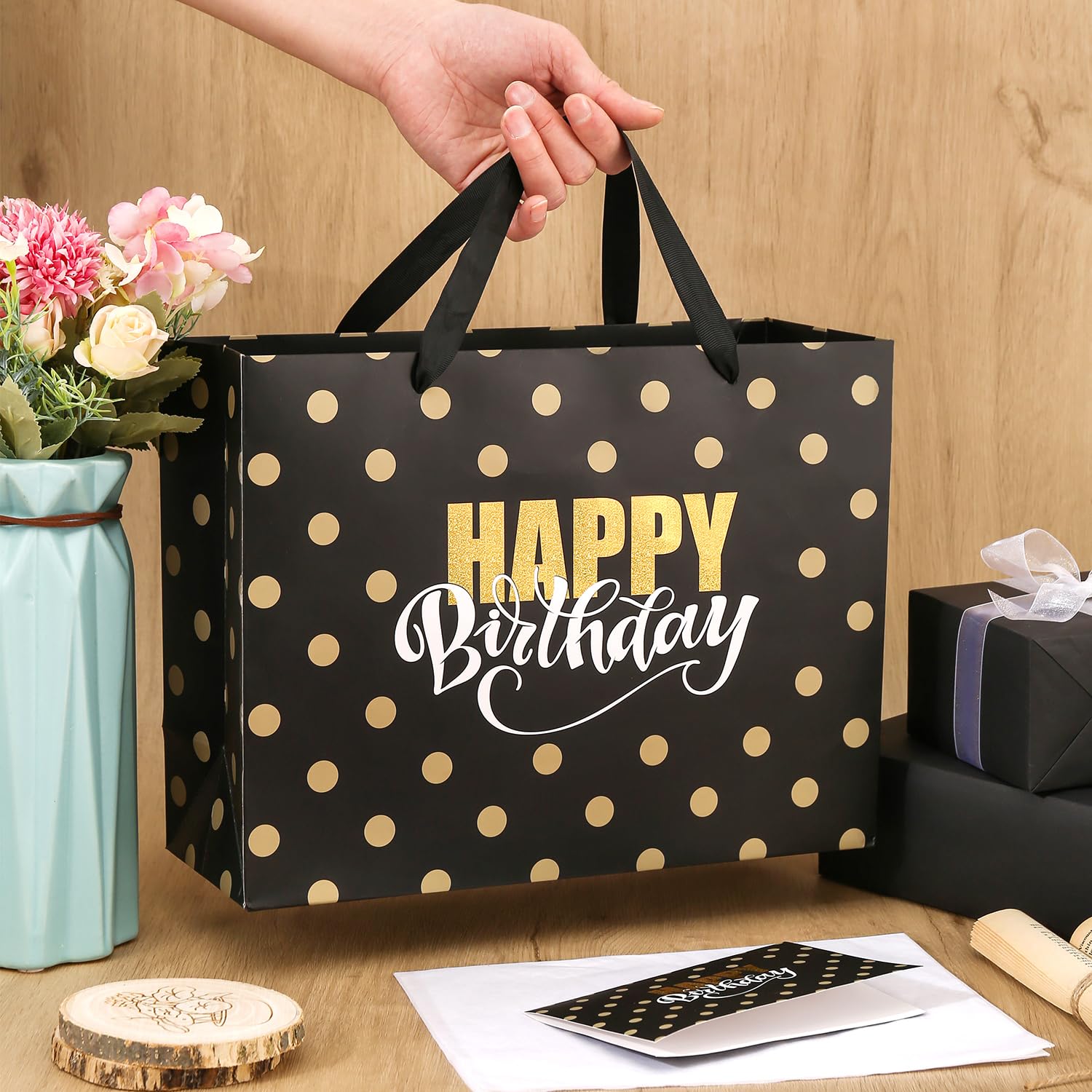 CAMKUZON Black Birthday Gift Bag with Card and Tissue Paper - Gold Foil Happy Birthday & Polka Dot Design - Large Gift Bags for Birthday Party, 13" X 10" X 5"