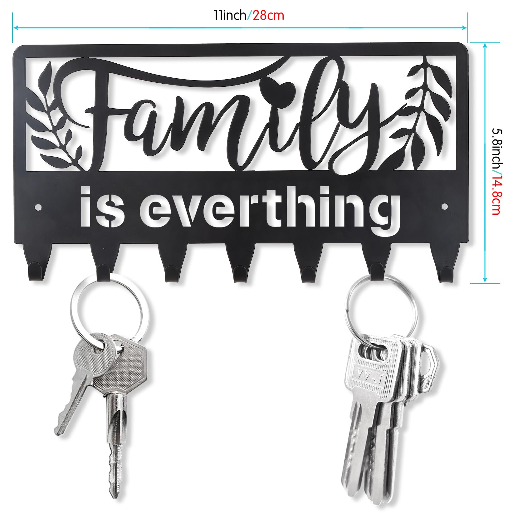 BITALYE Family Key Holder for Wall,Black Metal Decorative Key Hooks on Wall,Key Organizer Rack for Hallway,Entryway,Front Door,Office(Family is Everthing 11 x 5.8 x 0.63inch)