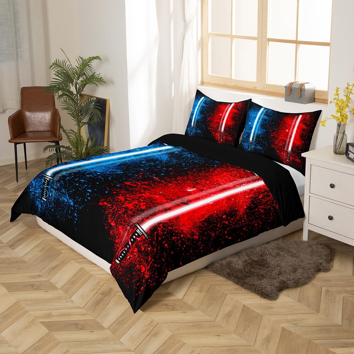 Feelyou Lightsaber King Size Duvet Cover Set for Kids Boys Teens Red Blue Teens Bedding Set Decor Tie Dye Comforter Cover Set Decoration