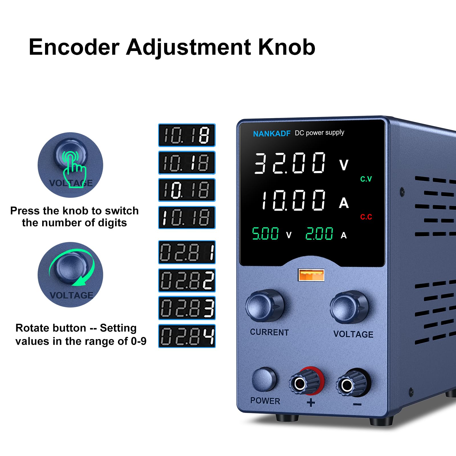 DC Power Supply Variable, Bench Power Supply with Precision Encoder Knob, USB Output Current Display, Adjustable Lab Power Supply with 4-Digits Display & Multi-Layer Circuit Protection (30V 10A)