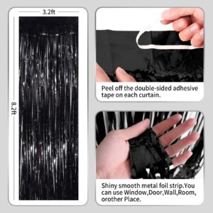 Black Streamers for Black Party Decorations-SINBEE Black Foil Fringe Curtain Black Birthday Decorations Black Fringe Backdrop for Halloween- 2 Packs