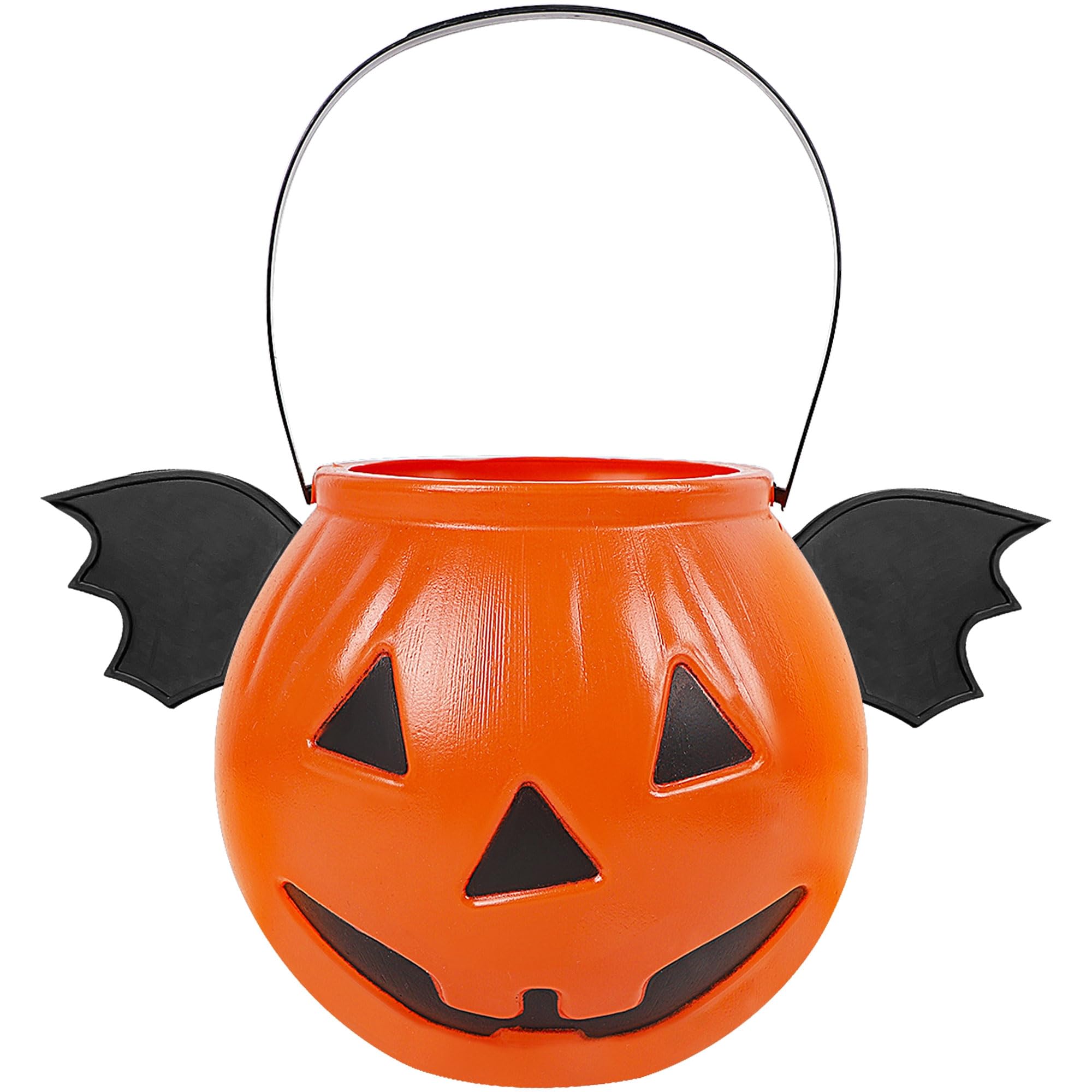 Zcaukya Halloween Pumpkin Candy Bucket, 8.3" Jack-O-Lantern Round Pail with Bat Wings, Plastic Orange Goodies Holders for Kids Trick-Or-Treat Halloween Party Supply