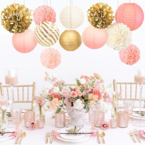 AOBKIAT Birthday Party Decorations Set for Girls Women,12PCS Pink Gold Tissue Paper Pom Poms Lanterns Flowers,for Engagement,Wedding,Baby Shower,Bridal Shower,Princess Party