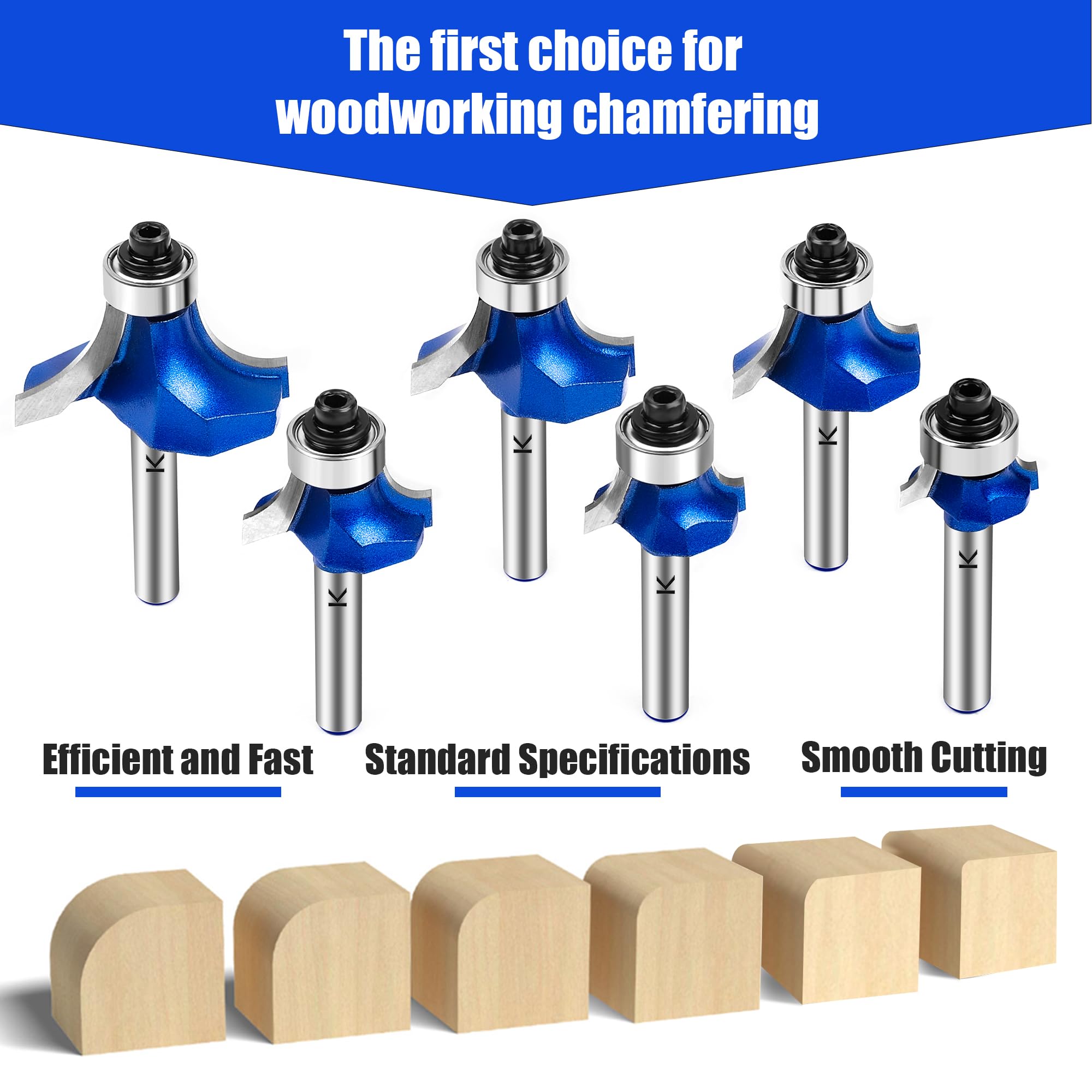 NICAVKIT 6Pcs Roundover Router Bit 1/4 Shank,Radius in 1/8" 3/16" 1/4" 5/16" 3/8" 1/2",Carbide Tip 2 Flutes Corner Rounding Over Edge Forming Router Bit with Bearing Guide CNC Woodworking Tool