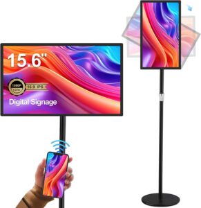 aystekmann 15.6" digital signage displays lcd capacitive touch screen advertising display with wireless screen mirroring, digital advertising screen with adjustable floor stand - android 11 4+64gb