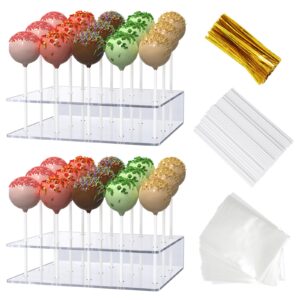 2 pack cake pop stand with sticks kit, acrylic lollipop hold stand, clear cake pop display holder, 15 holes candy pop holder with 100 pcs sticks, 100 pcs clear wrappers, 100 pcs gold twist ties