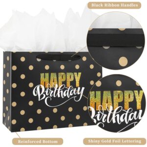 CAMKUZON Black Birthday Gift Bag with Card and Tissue Paper - Gold Foil Happy Birthday & Polka Dot Design - Large Gift Bags for Birthday Party, 13" X 10" X 5"