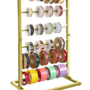 Aulin 6 Tier Large Capacity Ribbon Storage Organizer Rack - Metal Ribbon Spool Holder for Craft Ribbon Washi Tape Arts & Crafts Supplies, Ribbon Rack for Craft Room, Florist Arts Wrapping (Gold)