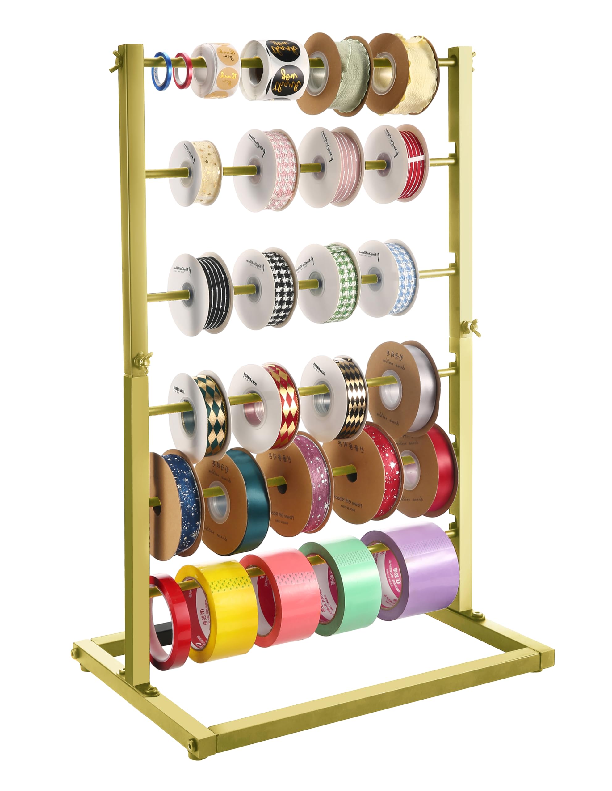 Aulin 6 Tier Large Capacity Ribbon Storage Organizer Rack - Metal Ribbon Spool Holder for Craft Ribbon Washi Tape Arts & Crafts Supplies, Ribbon Rack for Craft Room, Florist Arts Wrapping (Gold)