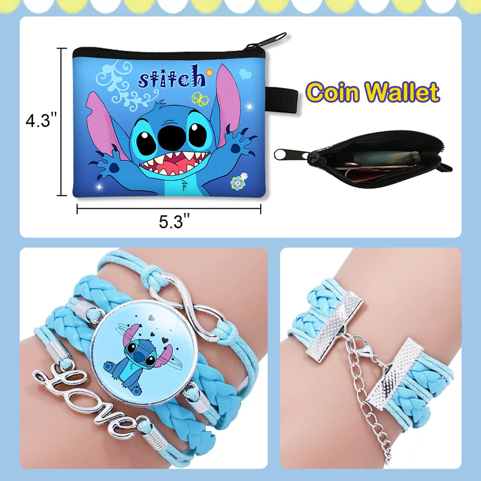 FETELAZ Stitch Stuff Merch Gifts Set, Include Drawstring Bag Backpack Coin Wallet Stickers Lanyard Necklace Bracelet Keychain Phone Holder Button Pins for Girls Teens Adults