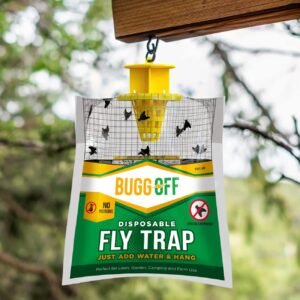 Bugg Off - 4 Pack Outdoor Disposabe Hanging Fly Traps with Natural Pre-Bait, Catches Flyes Everywhere Anywhere, Stables, Ranches, Cottages and More. Cut, Fill, and Hang!