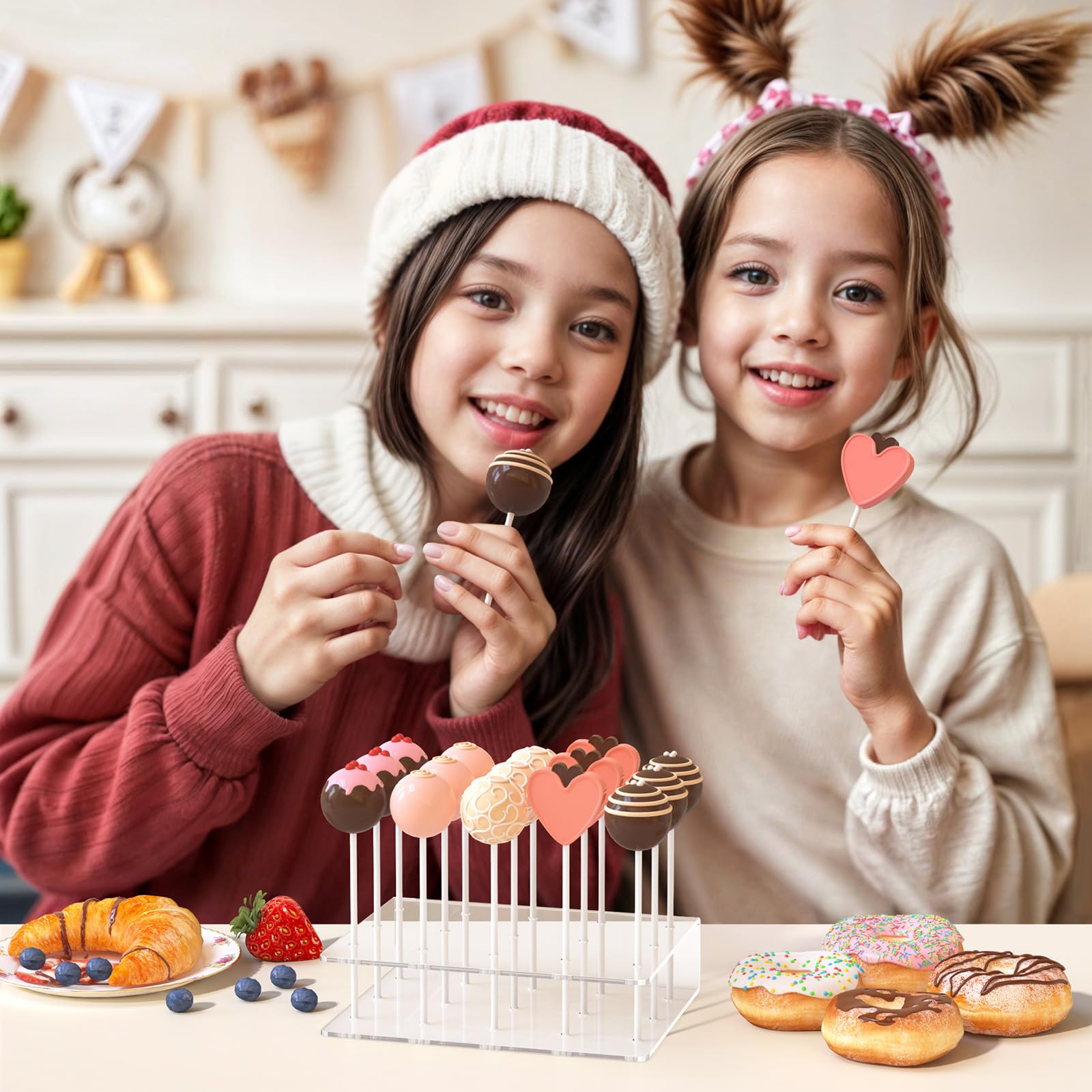 2 Pack Cake Pop Stand with Sticks Kit, Acrylic Lollipop Hold Stand, Clear Cake Pop Display Holder, 15 Holes Candy Pop Holder with 100 Pcs Sticks, 100 Pcs Clear Wrappers, 100 Pcs Gold Twist Ties