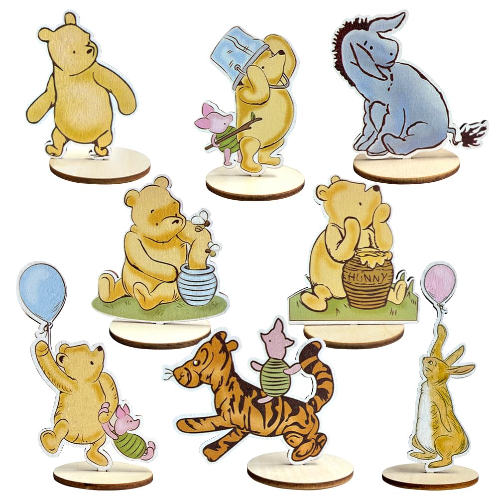 16 Pcs Classic Winnie Wood Table Centerpieces Bear Cutout Shapes Creatures Table Topper for Baby Shower Birthday Decorations Supplies