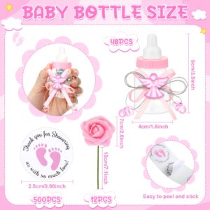 Vesici 61 Pcs Baby Shower Party Favors Set, 48 Mini Angel Milk Bottles 1 Roll Thanks Sticker 12 Artificial Roses for Newborn Baptism Party(Pink)